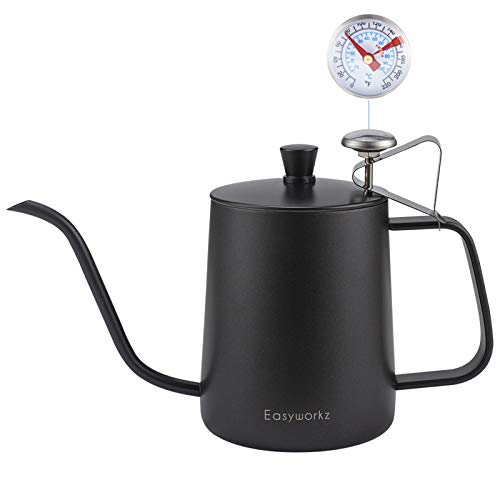Easyworkz Gage Gooseneck Pour Over Coffee Kettle 20 oz with Thermometer Stainless Steel Hand Drip Coffee Pot With Long Narrow Spout