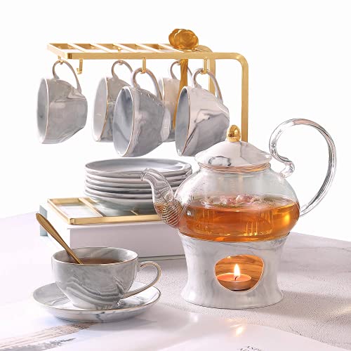 DUJUST 21 pcs Small Tea Set of 6, Gray Marble Texture with Handcraft Golden Trim, Fine Porcelain Tea pot Set for Kids&Adults, 1 Glass Teapot(22oz), 6 Cups(4oz), 6 Saucers, 6 Spoons, 1 Shelf&1 Warmer