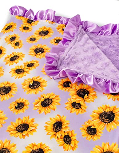 Top Tots Baby Blanket - Small Sunflowers with Purple Minky Dot & Satin Ruffle, 31 x 31 Inch Yellow