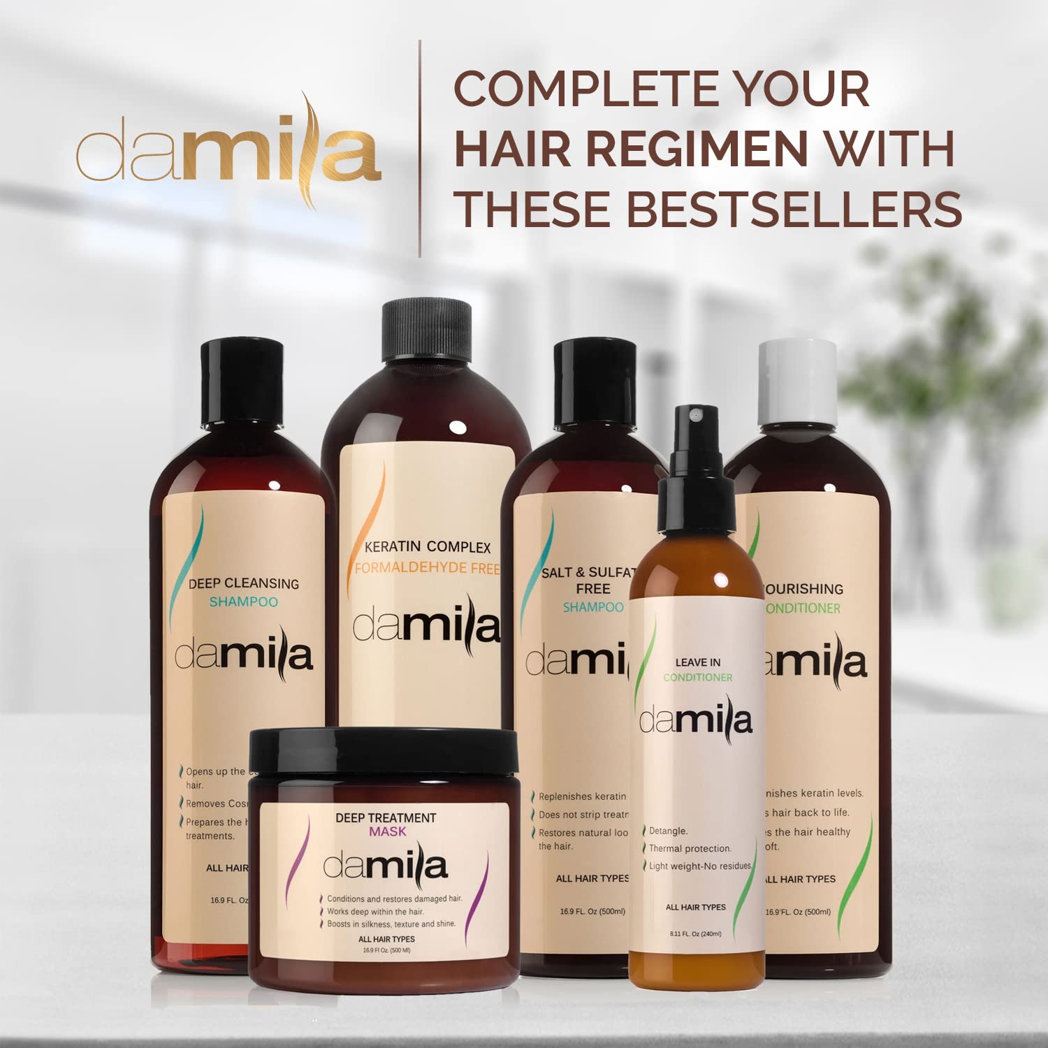 Damila Salt and Sulfate Free Shampoo & Conditioner, 16.9 fl oz & Leave In Conditioner, 8.11 fl oz Bundle