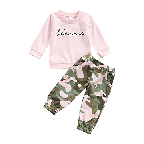 Mandizy Kids Toddler Girl Spring Fall Outfits Blessed Letter Print Long Sleeve Sweatshirt Tops and Camouflage Pants Clothes Set (Pink, 3-4T)