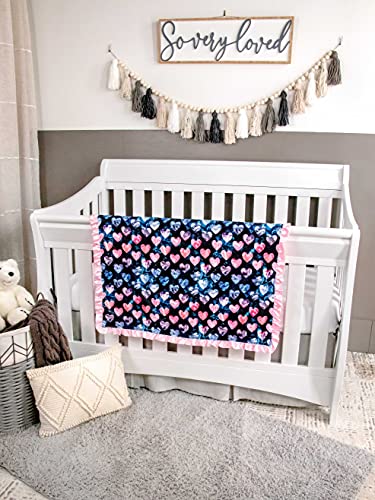 Top Tots Baby Blanket - Small Colored Hearts with Pink Minky Dot & Satin Ruffle, 31 x 31 Inch Blue
