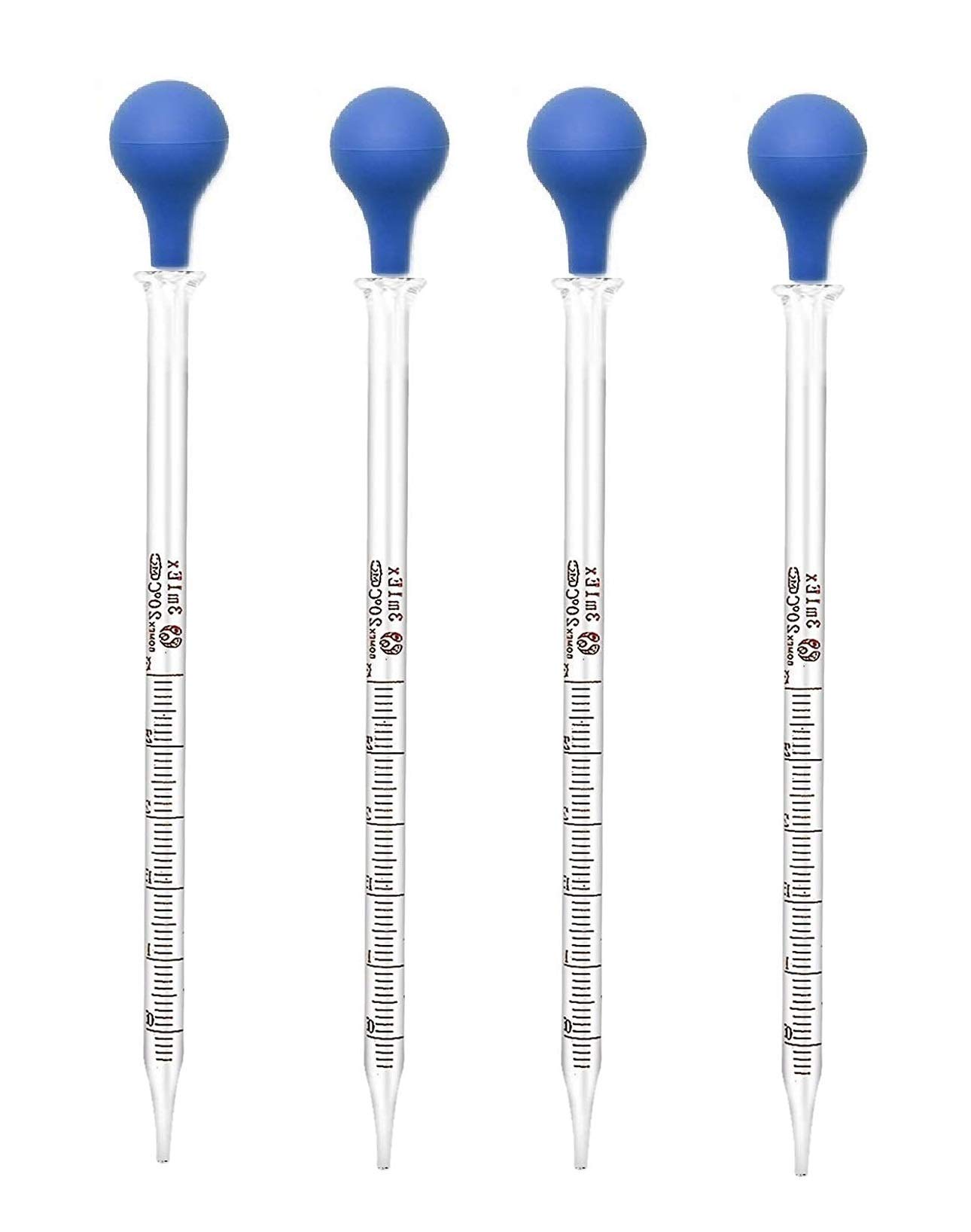 HIBATUL INC 4 Pack (3ml) Glass Graduated Dropper Pipettes Lab Dropper with Blue Rubber Cap and Scale