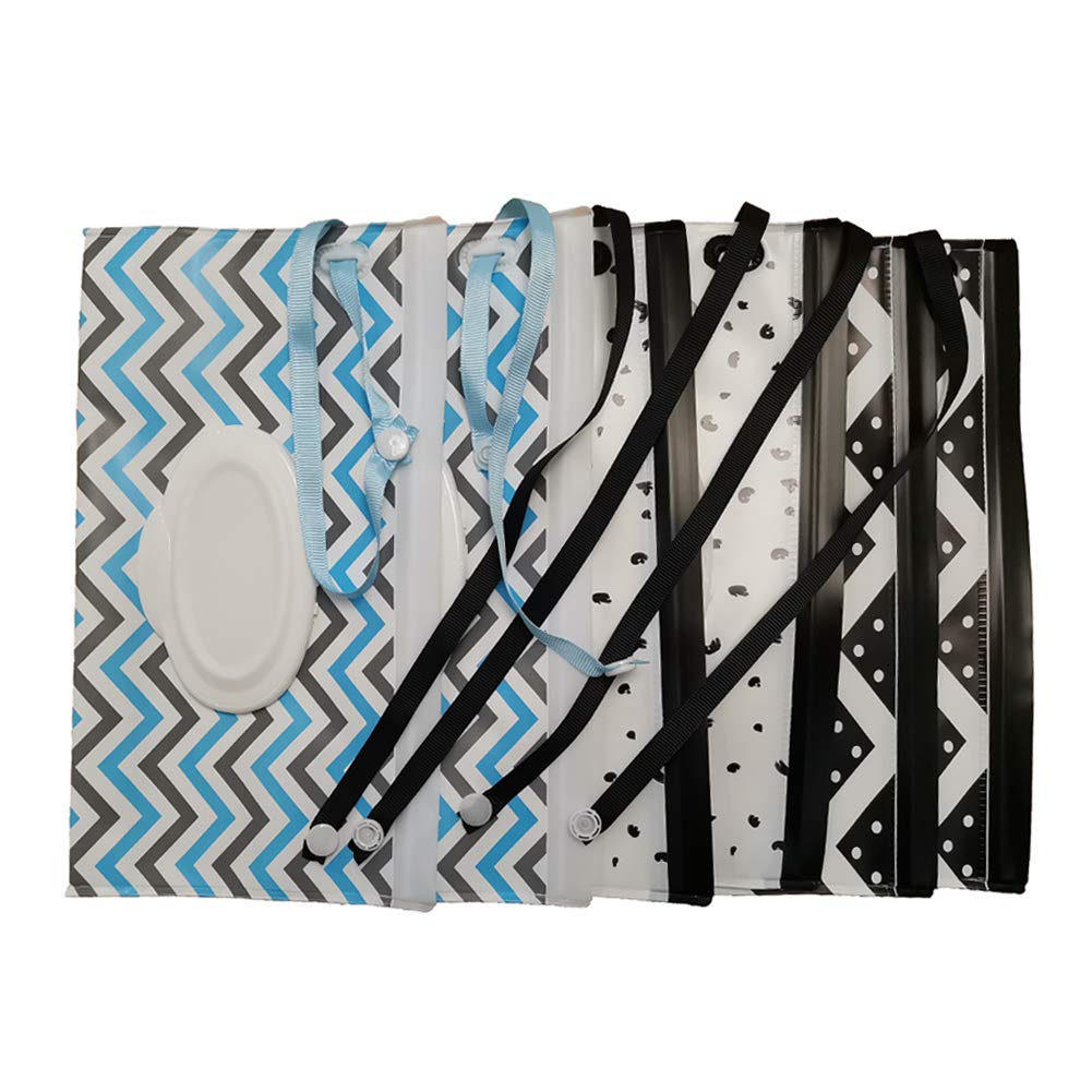 6 Pack Portable Wet Wipe Pouch Dispenser,Reusable & Refillable Portable Baby Lightweight Wipes Holder Case,Handy & Eco Friendly Travel Wipes Bag (Blue & Black & White)