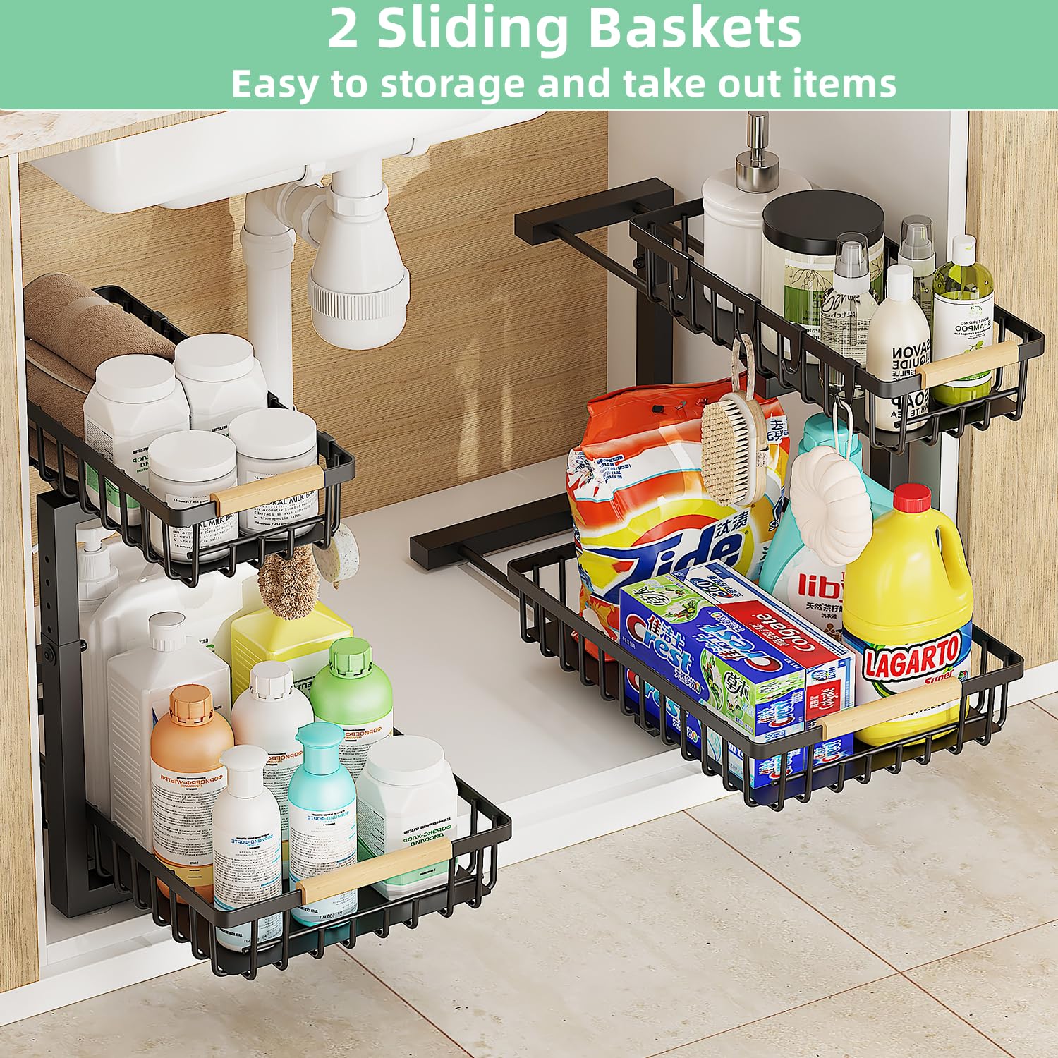 2 Pack Under Sink Organizer, Height Adjustable Pull out Cabinet Organizer, 2 Tier Metal Under Sink Organizer Storage, Sliding Storage Drawer for Kitchen Bathroom Laundry Room Pantry.
