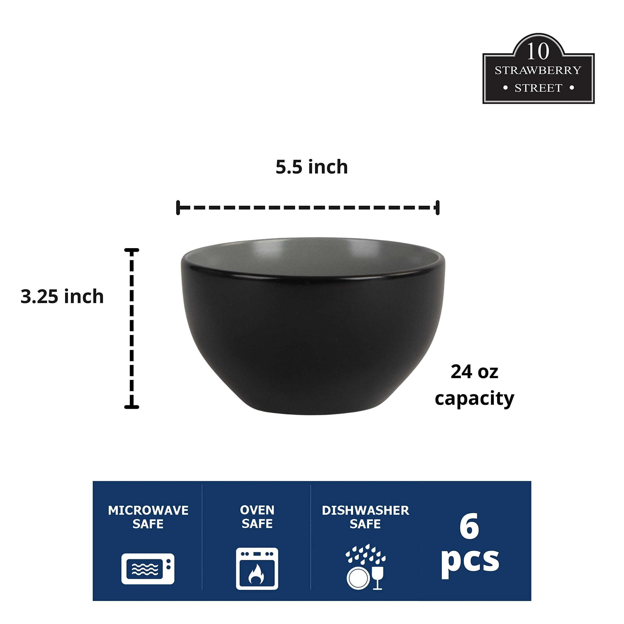 10 Strawberry Street Two Tone Coupe 5.5β/24 Oz. Cereal Bowl Set Of 6, Black/Gray