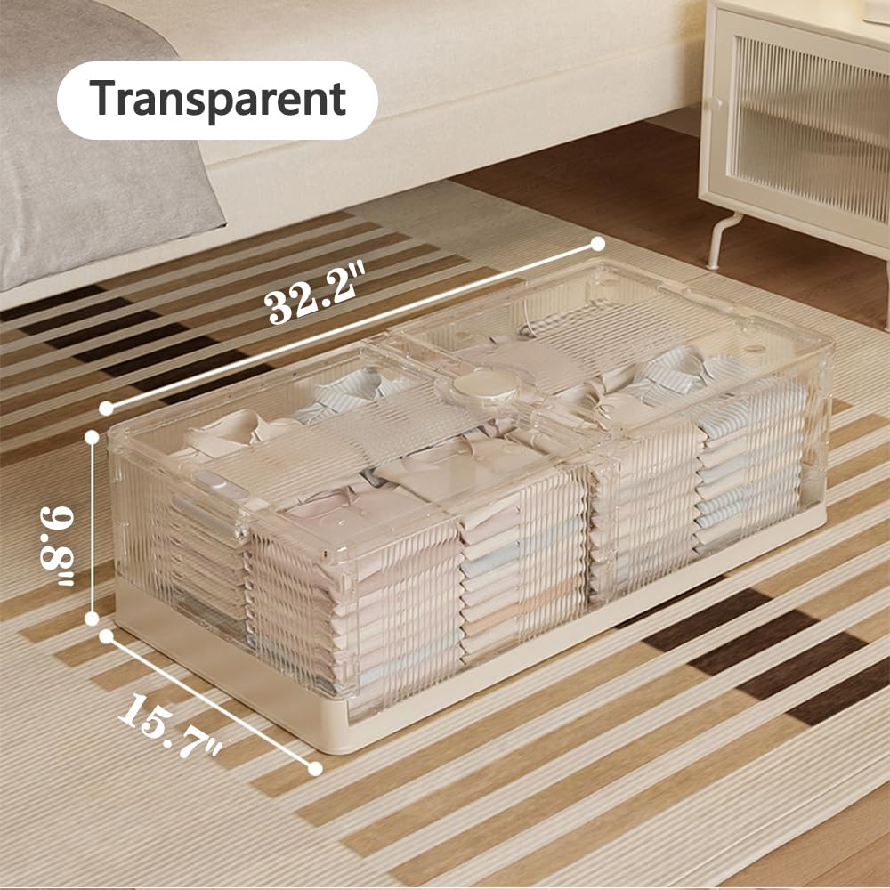 2 Pack Under-bed storage box with wheels, stackable, under-bed shoe storage drawer, foldable plastic storage box with lid, can store clothes, shoes, blankets, toys, books (L Szie,White Transparent)