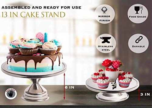 eHomeA2Z Stainless Steel Round Cake Stand 13" Inch Dessert Stand Reusable Birthday Wedding New Year Decoration (Tall Base)