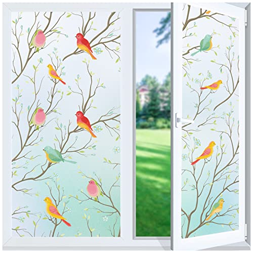 Viseeko Stained Glass Window Film: Bird Window Privacy Film Non-Adhesive Window Clings Room Decor Frosted Window Decals UV Blocker Removable for Bathroom Kids Study Room