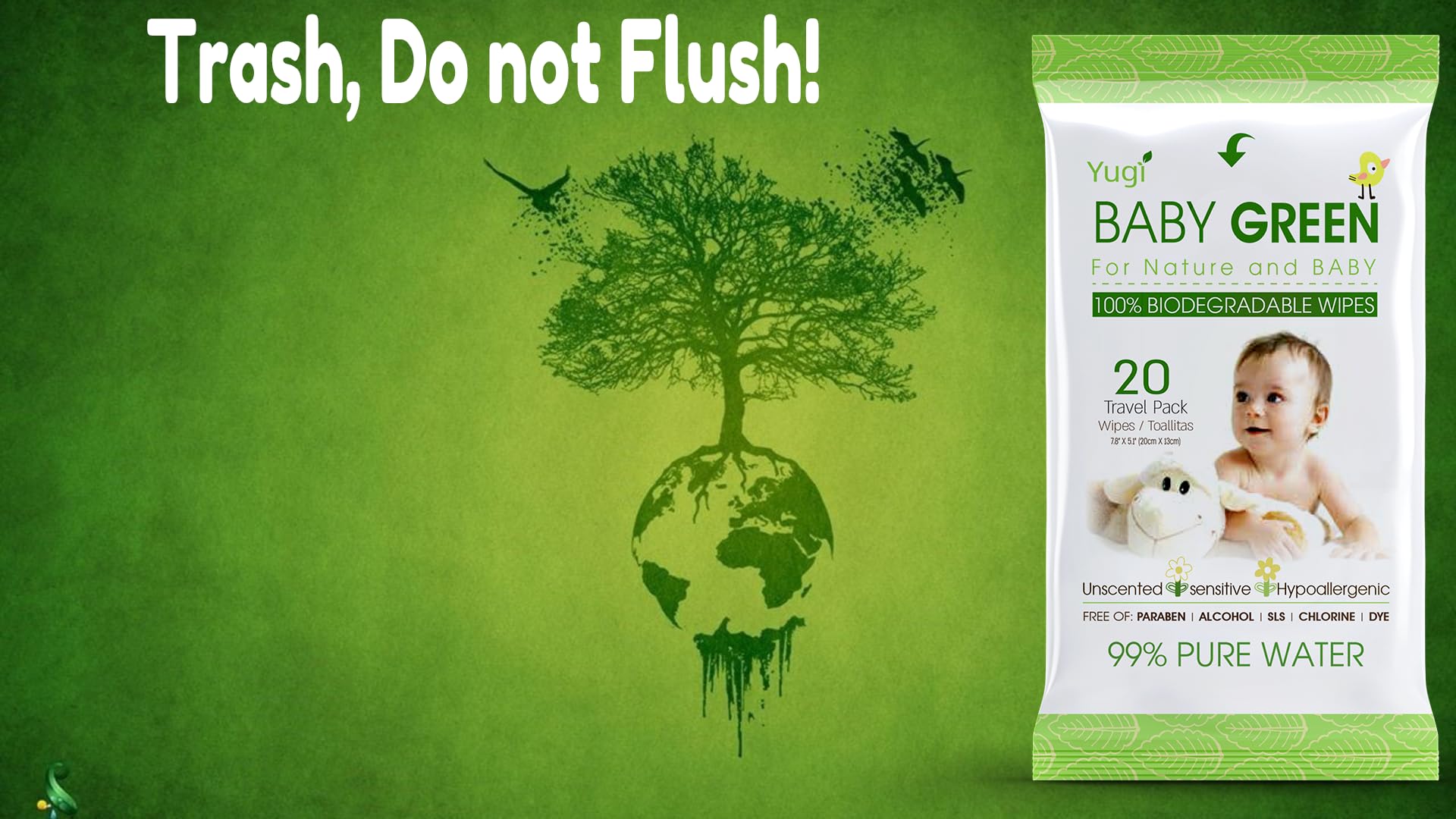 Baby Green Wipes Unscented compostable Organic Biodegradable – Travel Pack (12 Packs of 20) 240 for Sensitive Skin