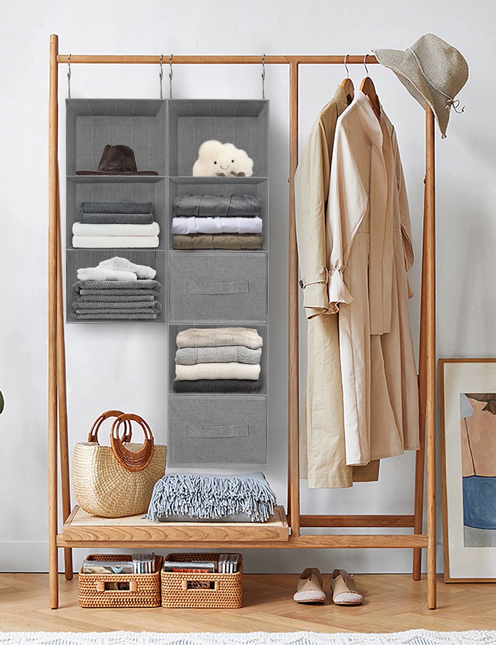 8-Shelf Hanging Closet Organizer with 2 Drawers, 3-Shelf and 5-Shelf Separable Closet Hanging Organizer,Fabric Cloth Hanging Shelf with 2 Sturdy Hooks for Home Clothes Toy Storage, Gray