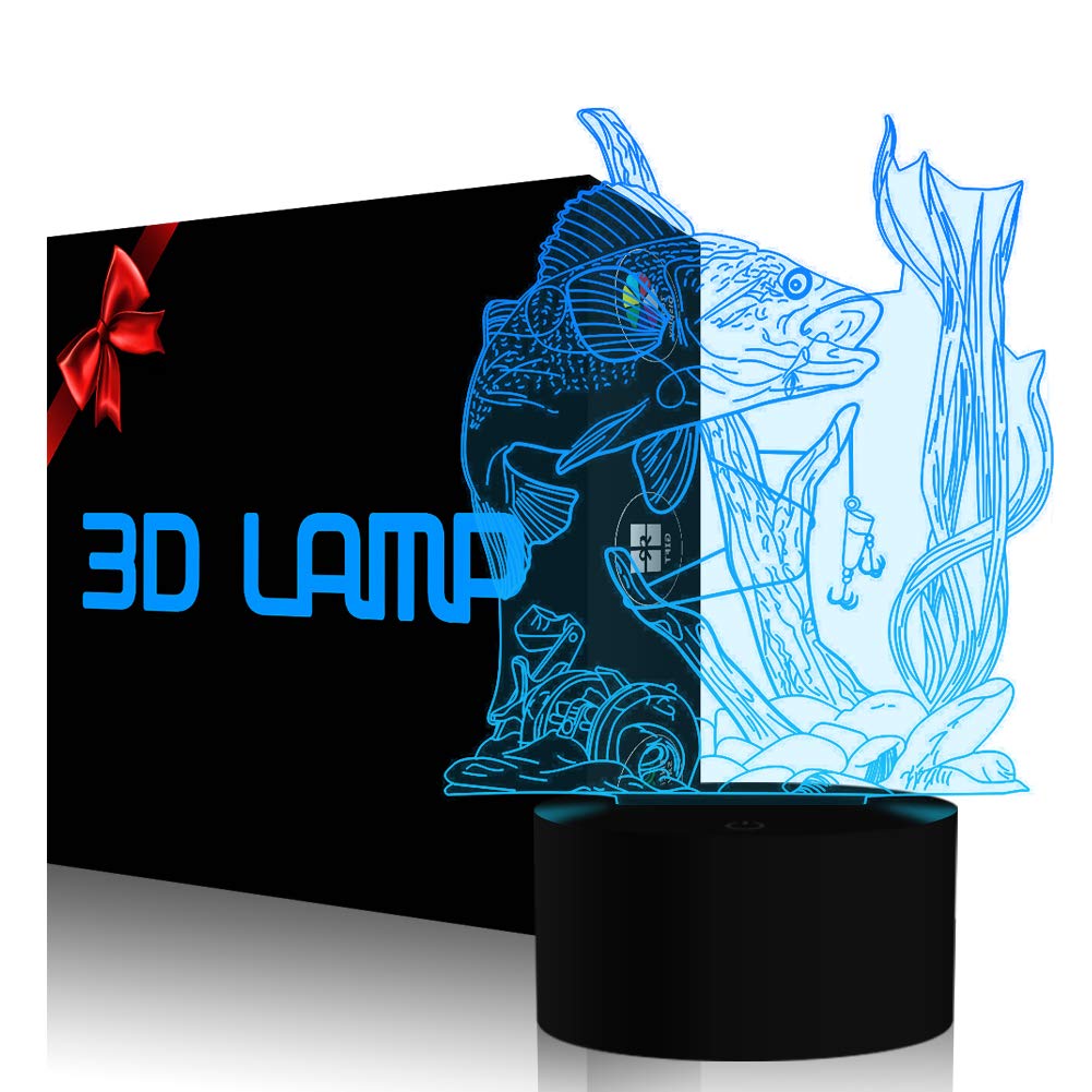 3D Fishing Lamp Illusion Night Light LED Touch Fish Desk Table Lamps 7 Color Change USB 3D Visual Lights Home Bedroom Decor Lighting Birthday Gifts Toys for Boys Kids Fishing Lover by YKL World