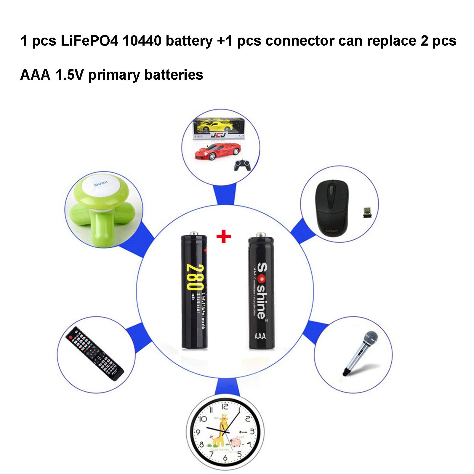Soshine 10440 LiFePO4 Rechargeable Batteries,3.2V 280mAh Battery with Connector 6 Pack