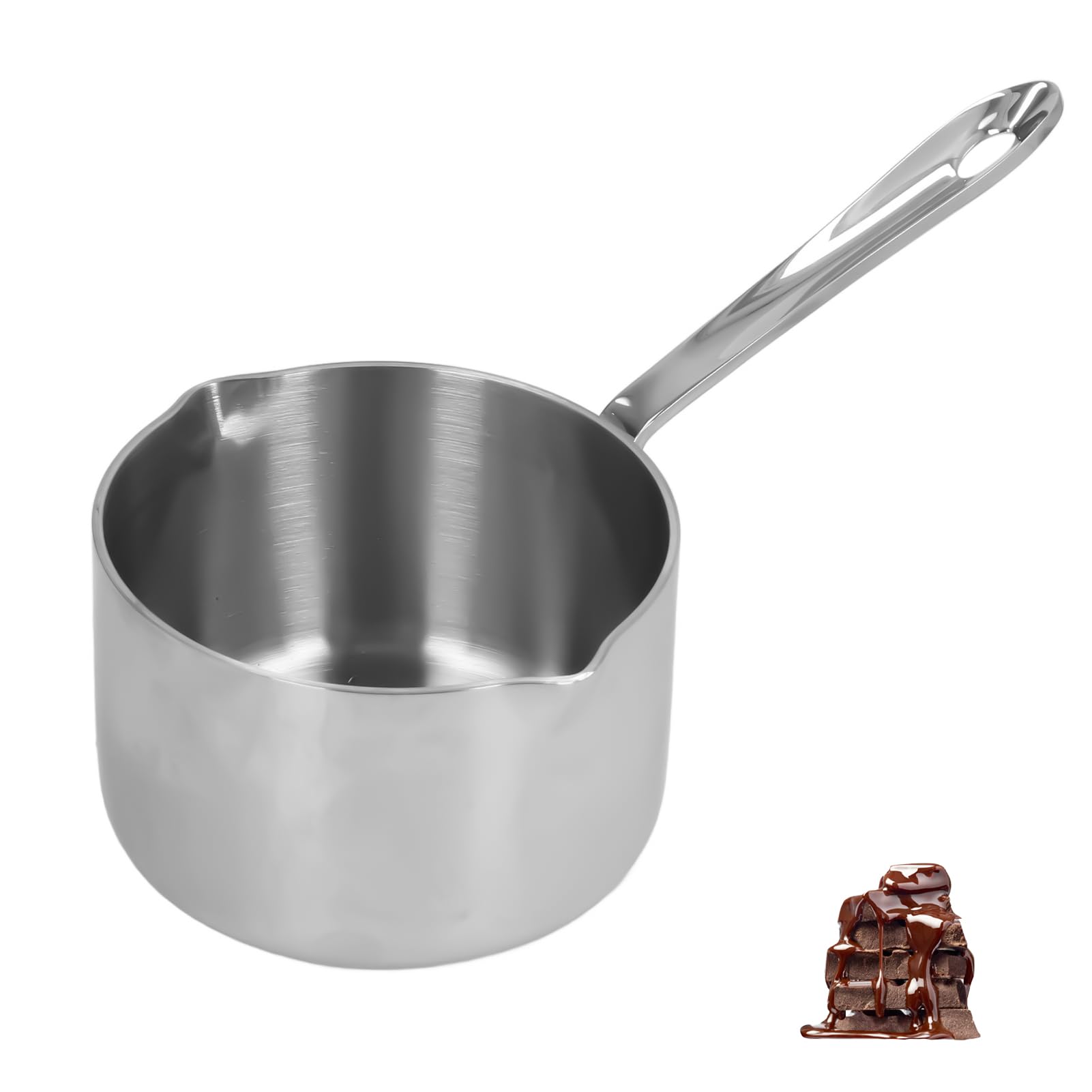 Stainless Steel Saucepan, 10oz Butter Melting Pot Butter Warmer with Dual Spouts and Long Handle Stove Top Thickened Sauce Pan for Milk Butter Sauce