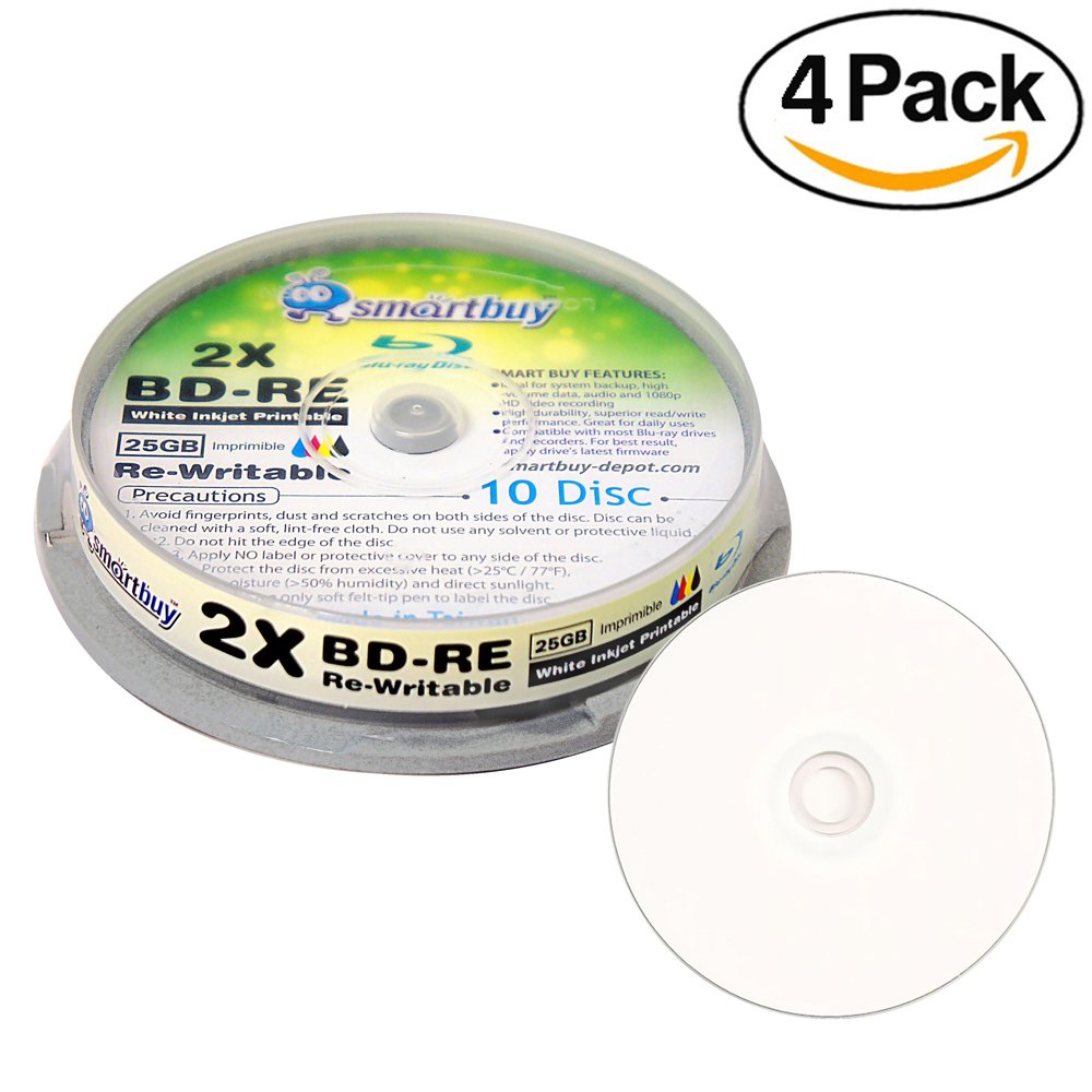 40 Pack Smartbuy 2X 25GB Blue Blu-ray BD-RE Rewritable White Inkjet Hub Printable Blank Bluray Disc