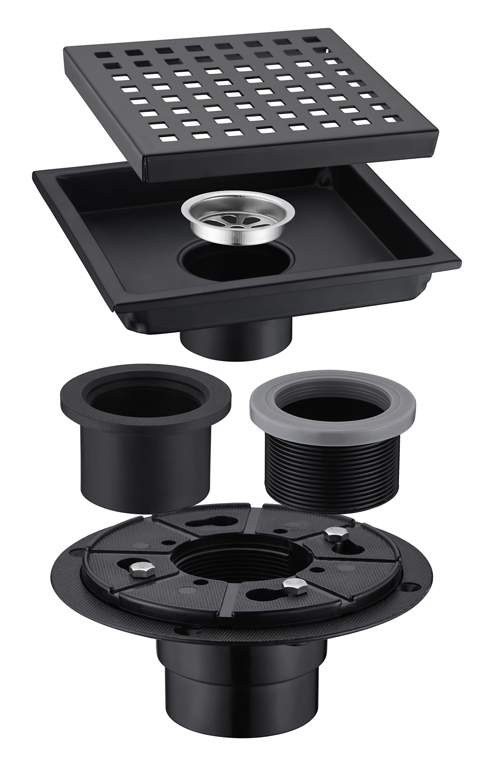 BIHAI 6 Inch Square Shower Drain with Flange, 15cm Matt Black Bathroom Floor Drain, Quadrato Pattern Grate Removable Cover, Bath Drain, Wall Drain, Stainless Steel Drain (Mat Black)
