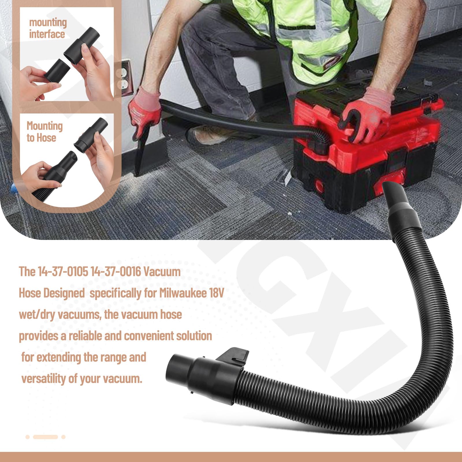 14-37-0105 Vacuum Hose & Universal Attachments Adapter Kit Hose Assembly Compatible With Milwaukee M18 Packout Vacuum 14-37-0105 Replacement Hose 0880-20, 0970-20