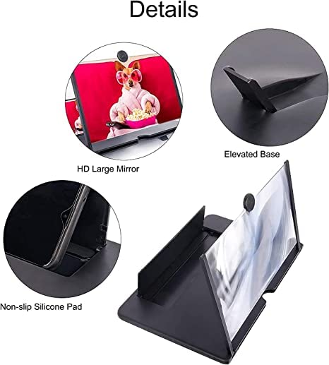 12 inch Screen Magnifier, 3D Smart Mobile Phone Screen Amplifier with Foldable Holder Stand for Any Smart Phone to Watch Your Movies and Videos, Black, F3