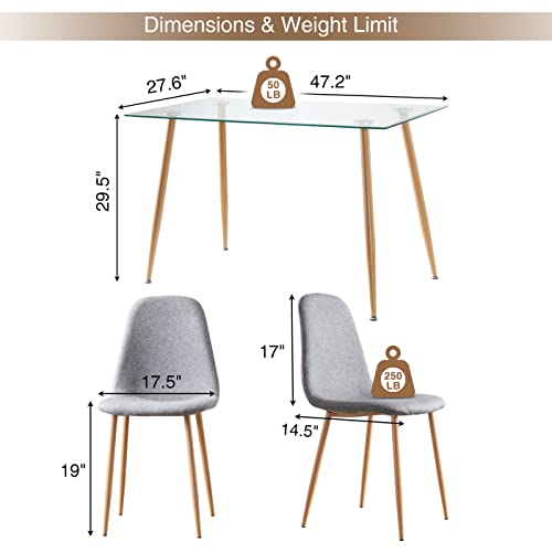 Bacyion Modern Dining Room Table Set 5 Pieces Dining Table Set for 4 - Rectangle Glass Dining Table with 4 Grey Fabric Dining Chairs - Kitchen & Dining Room Sets for Dining Room Kitchen