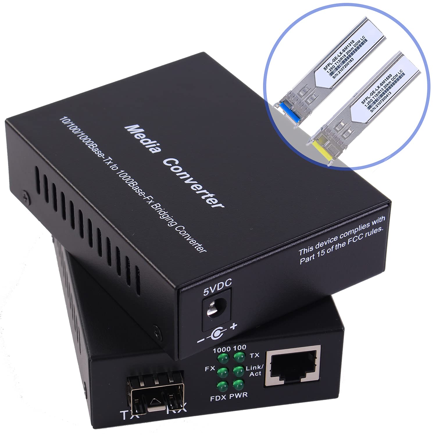 A Pair of 1.25G Gigabit Ethernet Fiber Media Converters with SFP LC Single Core Transceiver Module, Single-Mode LC, SMF RJ45 to SFP Slot up to 30KM, 10/100/1000Base-Tx to 1000Base-SX (2 Pack)