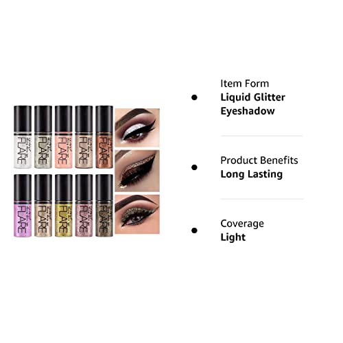 10Pcs Waterproof Glitter Eyeliner Liquid Glitter Eyeshadow Sticks Kit.Longwearing sombras de ojos Profesional Makeup Glitter for Eyes .10 Colorful Liquid Glitter Eye Liner Eye Shadow Set.Liquid Flare Gold Sparkle para ojos