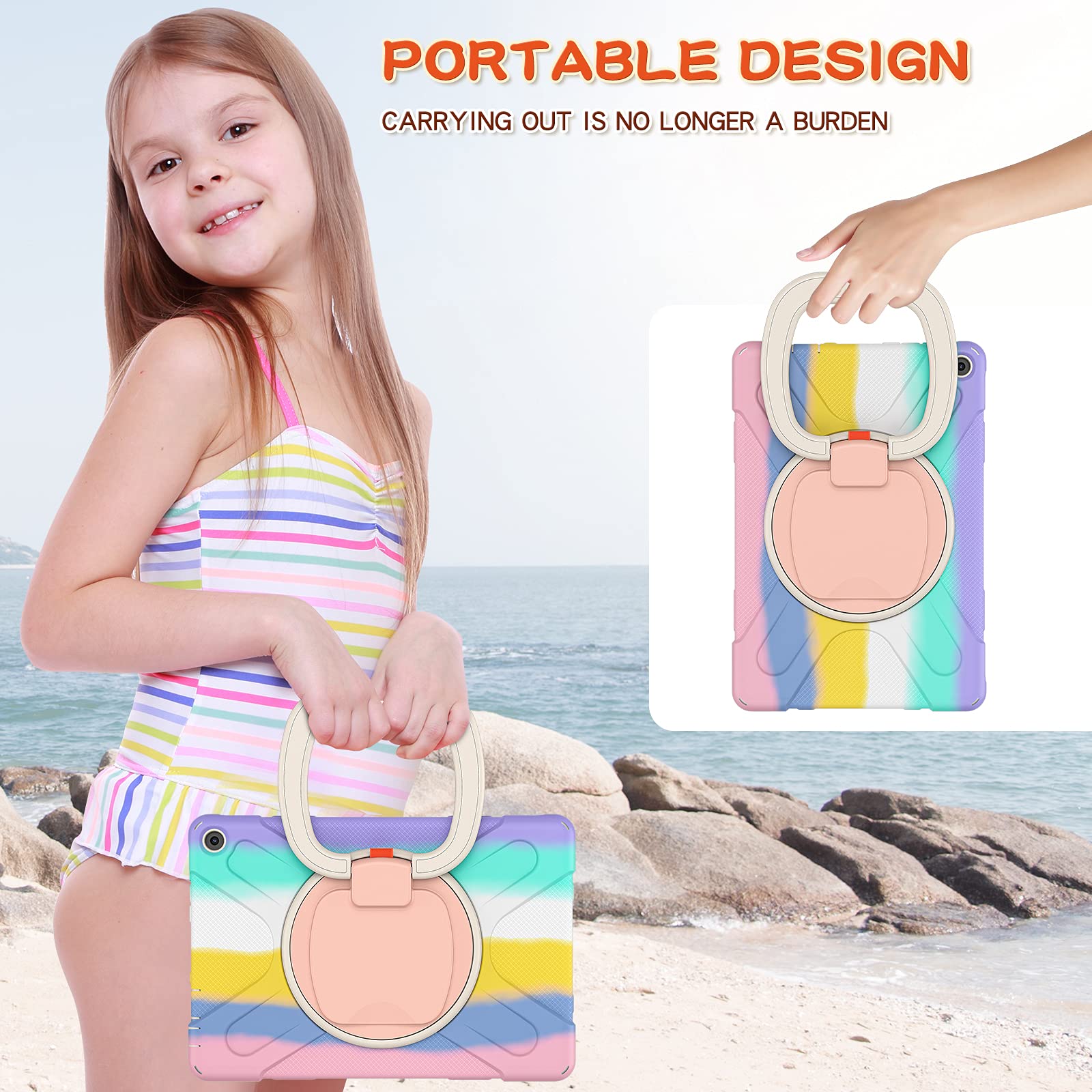 360 ° Rotation Portable Case for Fire HD 10 & 10 Plus Tablet(11th Generation, 2021 Release Rugged Case Rotating Stand Hand Strap Shoulder Carrying Strap Outdoor Cover (Colourful Pink)
