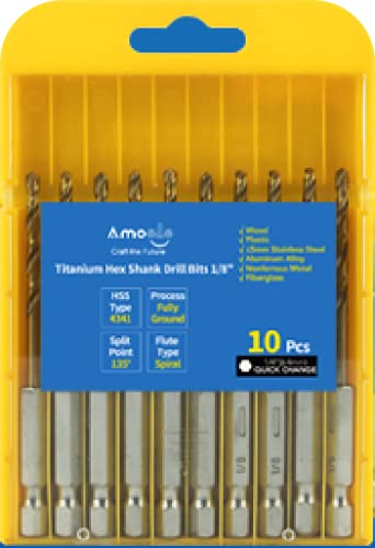 amoolo Hex Shank Drill Bit Set Combo 16Pcs (1/16"-1/4") + 10Pcs 1/8", Premium 4341 HSS Titanium Quick Change Impact Hex Drill Bits for Wood, Steel, Metal, Plastic
