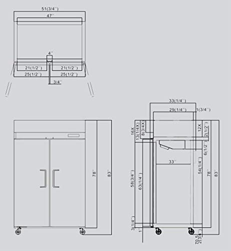 Lucky Kitchen 52 inch Double 2 Door Side By Side Stainless Steel Reach in Commercial Refrigerator for Restaurant, 45 Cubic Feet