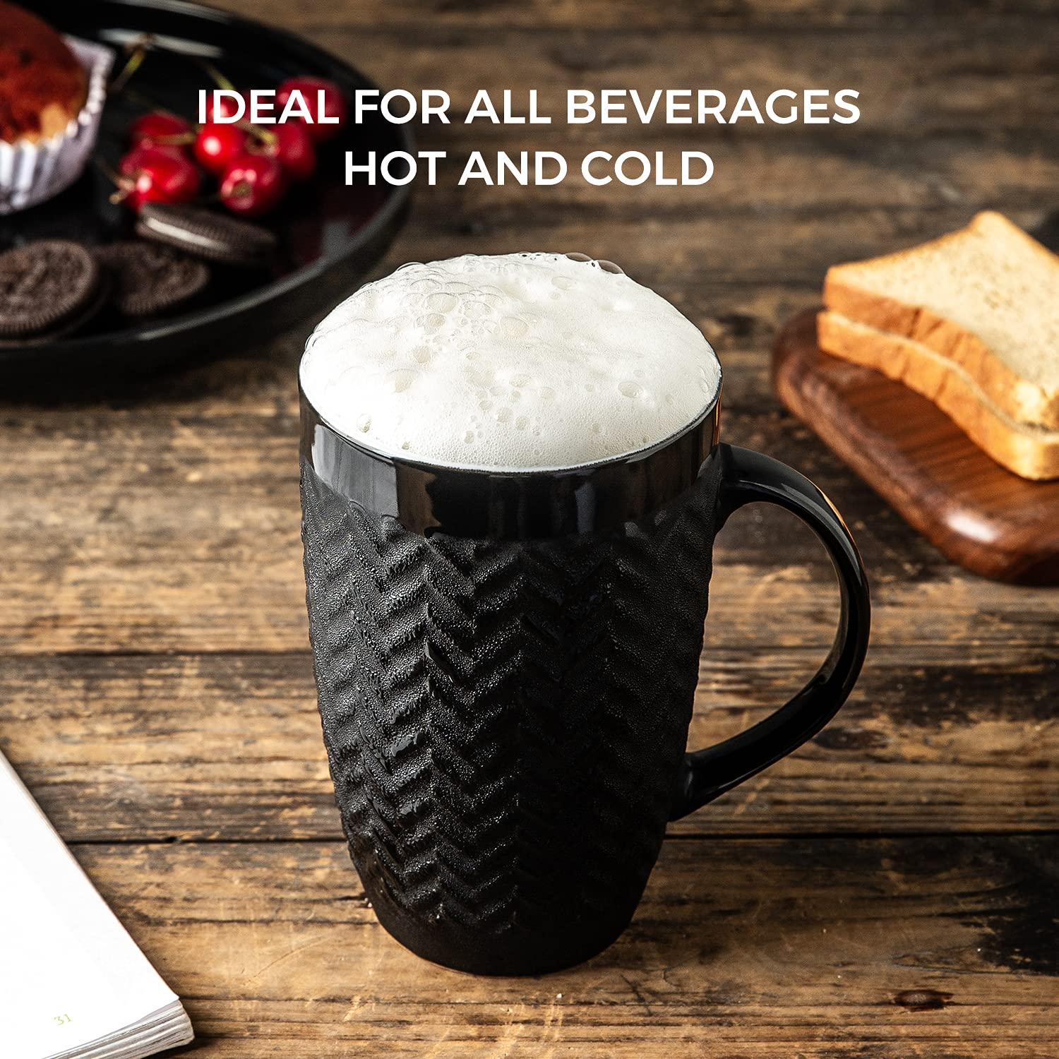 AmorArc Large Coffee Mugs Set of 6, 22oz Ceramic Tall Coffee Mugs Set with Textured Geometric Patterns for Latte/Tea/Beer/Hot Cocoa, Dishwasher & Microwave Safe, Black