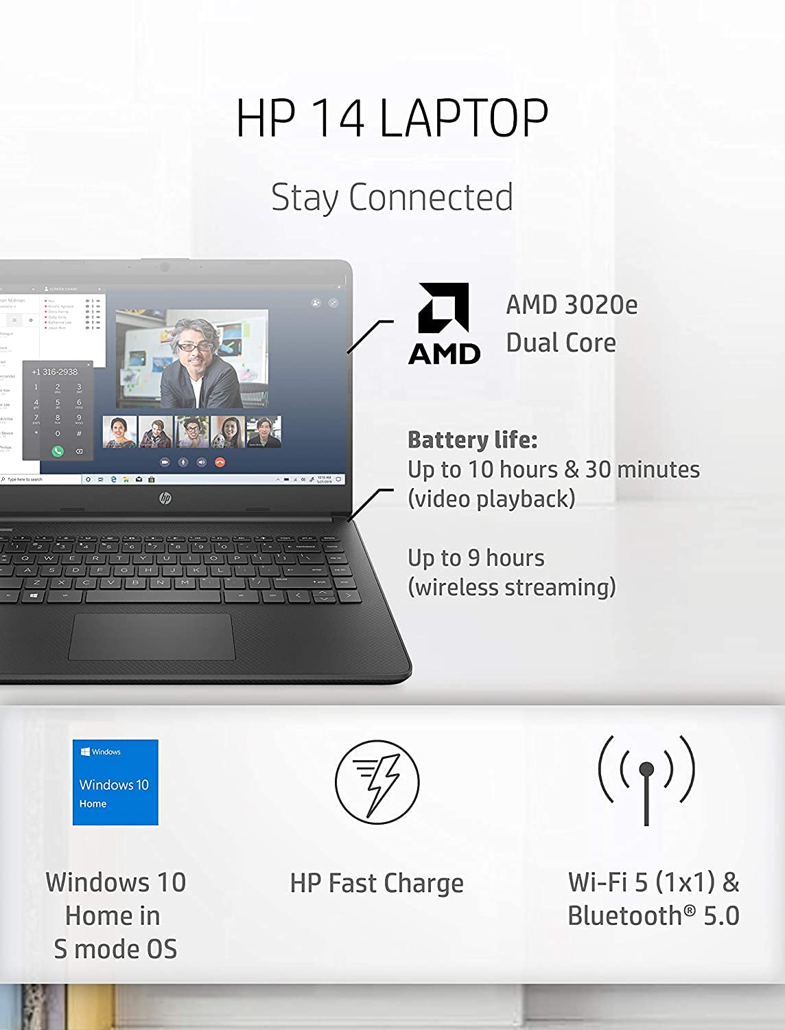 HP 2022 Newest 14" HD Laptop Light-Weight, AMD 3020e(Up to 2.6GHz), 16GB RAM, 256GB SSD + 64GB eMMC, 1 Year Office 365, WiFi, Bluetooth 5, USB Type-A&C, HDMI, Webcam, Win10, w/Ghost Manta Accessories
