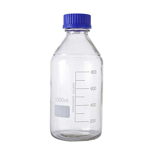 Moonetto 4 Pack 1000ml Graduated Round Reagent Media/Storage Glass Bottle With GL45 Blue Polypropylene Screw Cap