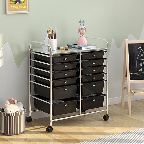 12-Drawer Rolling Storage Craft Cart and Organizer - Rolling Organizer Cart Tools and 4 Universal Casters (Black)