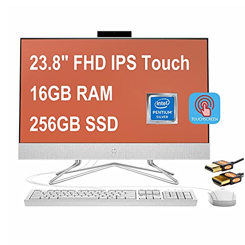 HP 24 AIO Desktop Computer 23.8" FHD IPS Touchscreen (72% NTSC) Intel Quad-Core Pentium Silver J5040 Processor 16GB RAM 256GB SSD Intel UHD Graphics 605 Win11 White + HDMI Cable