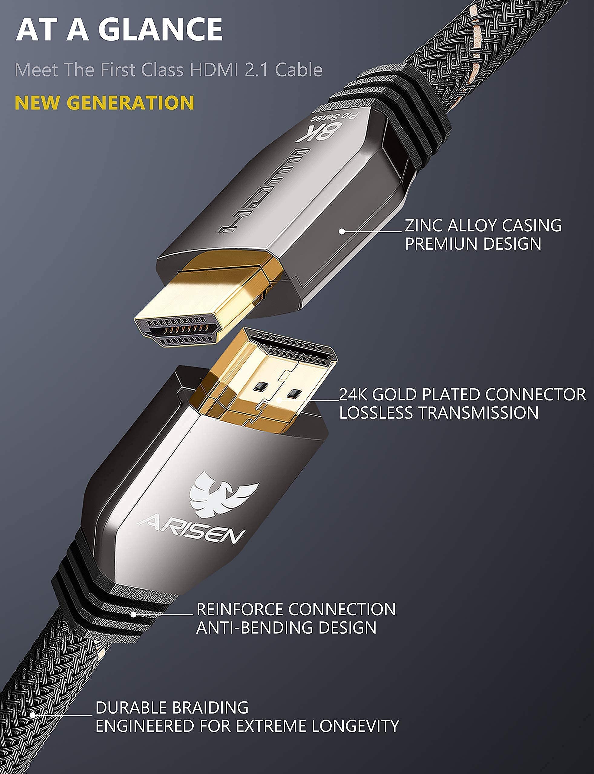 ARISEN 8K HDMI 2.1 Cable 8ft & 2ft Bundle