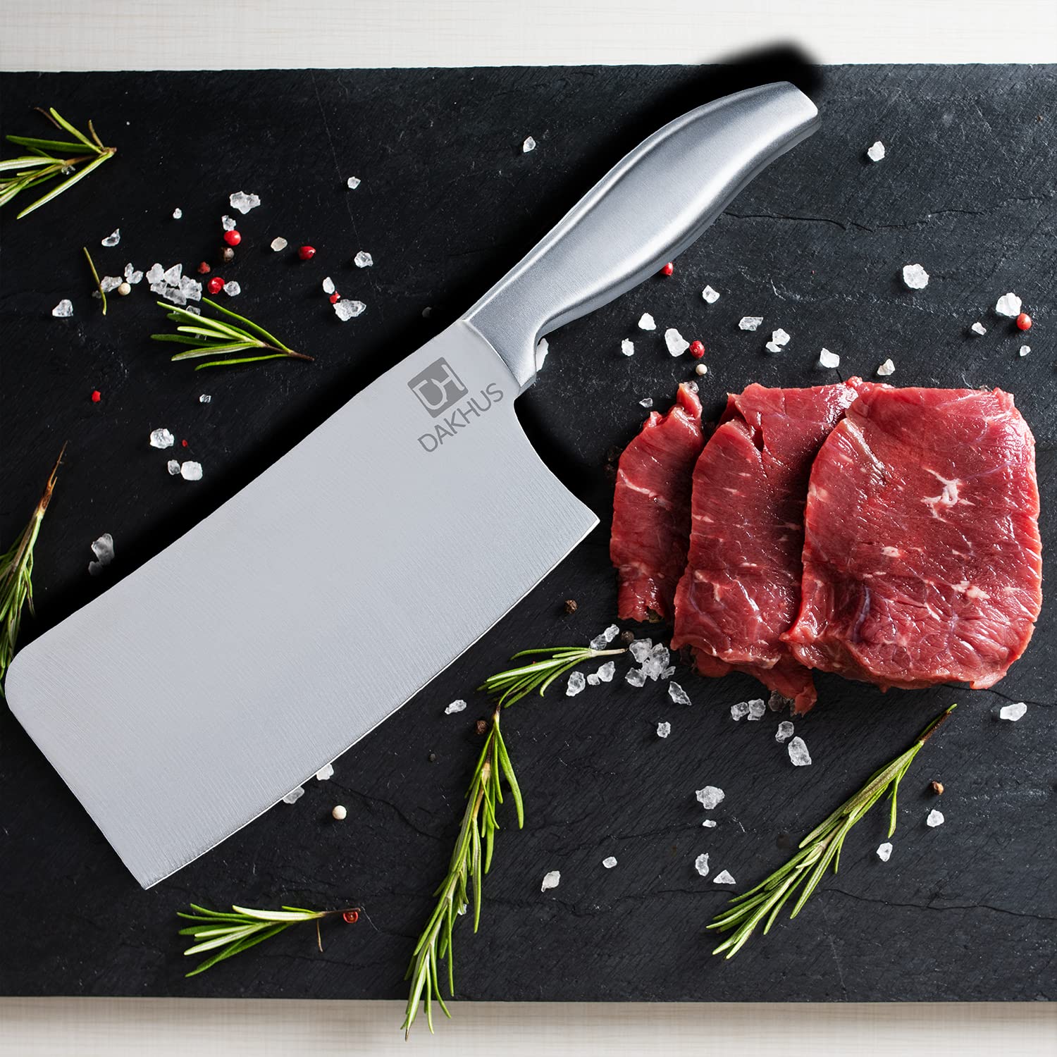 Dakhus Meat Cleaver | Kitchen Knife for Cutting, Stainless Steel Chopping, Slicing, Dicing Comfortable Handle Sharp Butcher Knife + Sheath + Sharpener, 3x12 inches Cleaver Knife