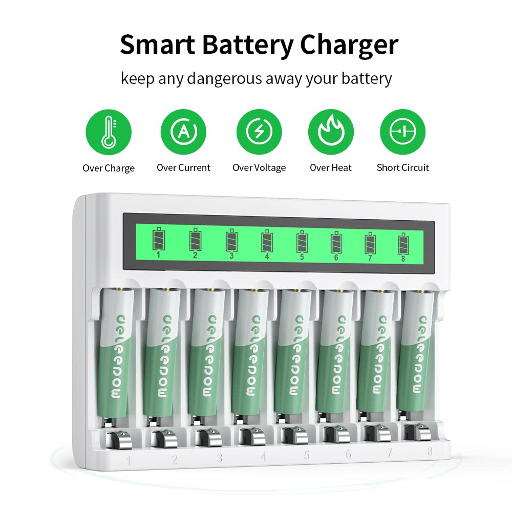 Deleepow 1100mAh Ni-MH AAA Rechargeable Batteries High Capacity 8 Pack AAA Batteries and 8-Bay AA AAA Individual Rechargeable Battery Charger
