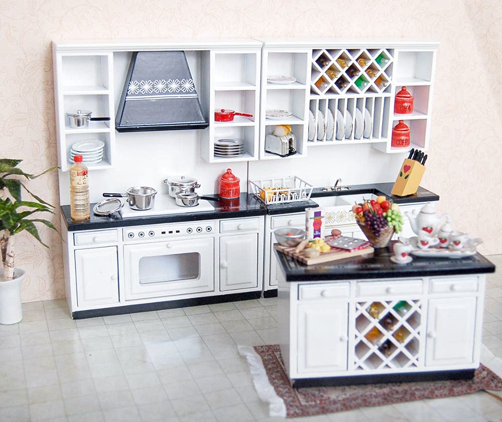 1:12 Scale Mini House Wooden Furniture Miniature Kitchen Cabinet Mini Bar Counter Furniture Set (White and Black)