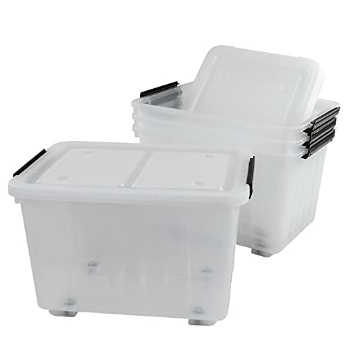 Waikhomes Set of 4 Large Plastic Storage Box with Lid, 30 L Latching Storage Box Bin, Clear
