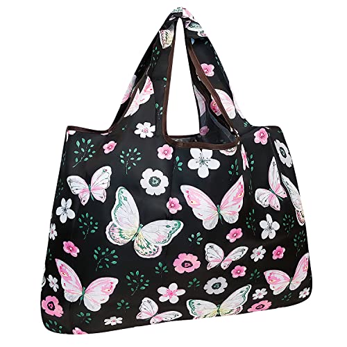 allydrew Large Foldable Tote Nylon Reusable Grocery Bags, Midnight Butterfly