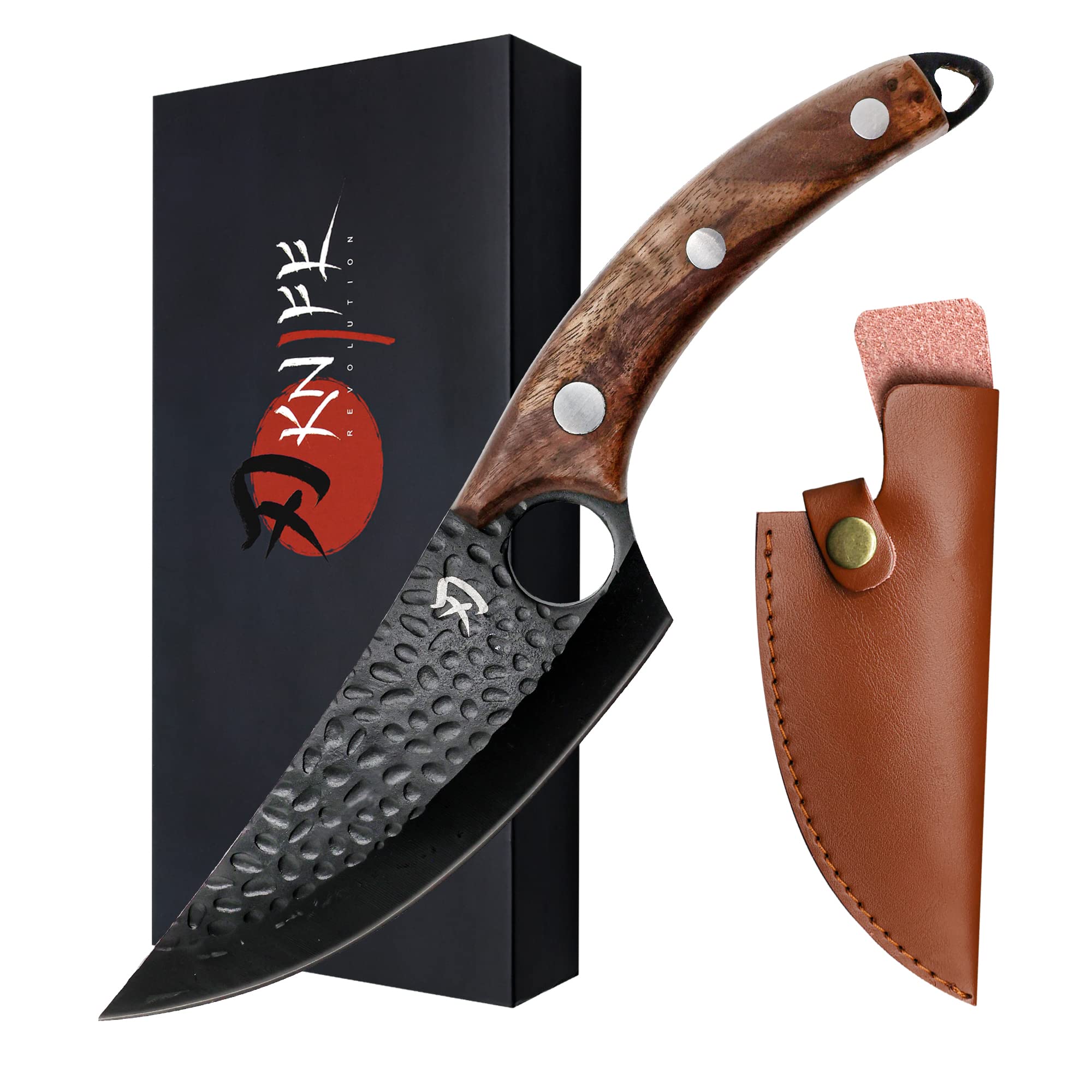 An amazing Hand Forged Butcher Knife with Reinforced Black Titanium Coated Blade that is perfect for everyday kitchens, camping, and BBQ