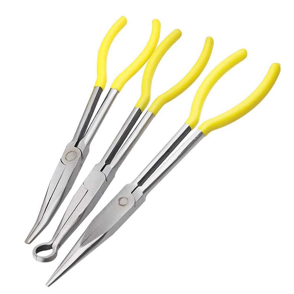 3-piece 11 Inch Long Reach Long Nose Pliers 25 degrees plier, circle plier,work for Mechanics Technicians and Contractors Work with Delicate or Difficult-to-Reach Pieces Milled-Jaws Steel Needle Nose