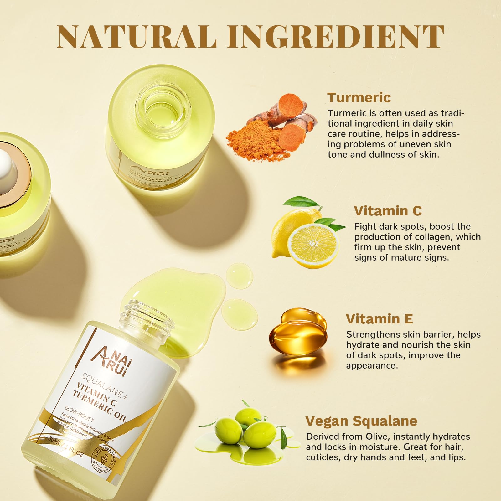 ANAI RUI Squalane Vitamin C Turmeric Facial Oil Moisturizer for Face, Hydrates, Firms Skin, 1fl.Oz.