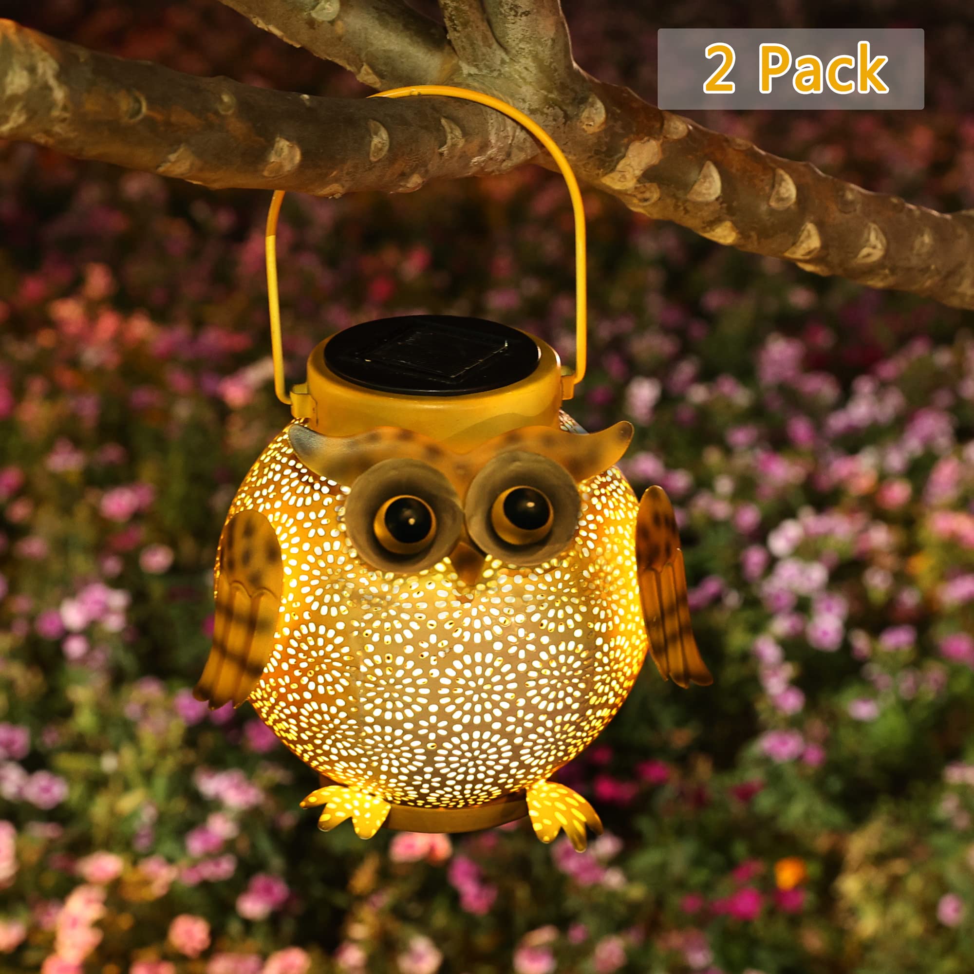 2 Packs Solar Lantern - Outdoor Hanging Lights Green Decorative Garden Lights Waterproof Metal Lanterns for Yard Table Patio Lawn