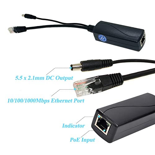 REVODATA Gigabit PoE Splitter 12V 2A Output with IEEE 802.3af/at Standard Compliant 10,100,1000Mbps Power Over Ethernet Splitter Adapter for Security Camera CCTV Surveillance 5.5x2.1mm DC PlugPS5712TG