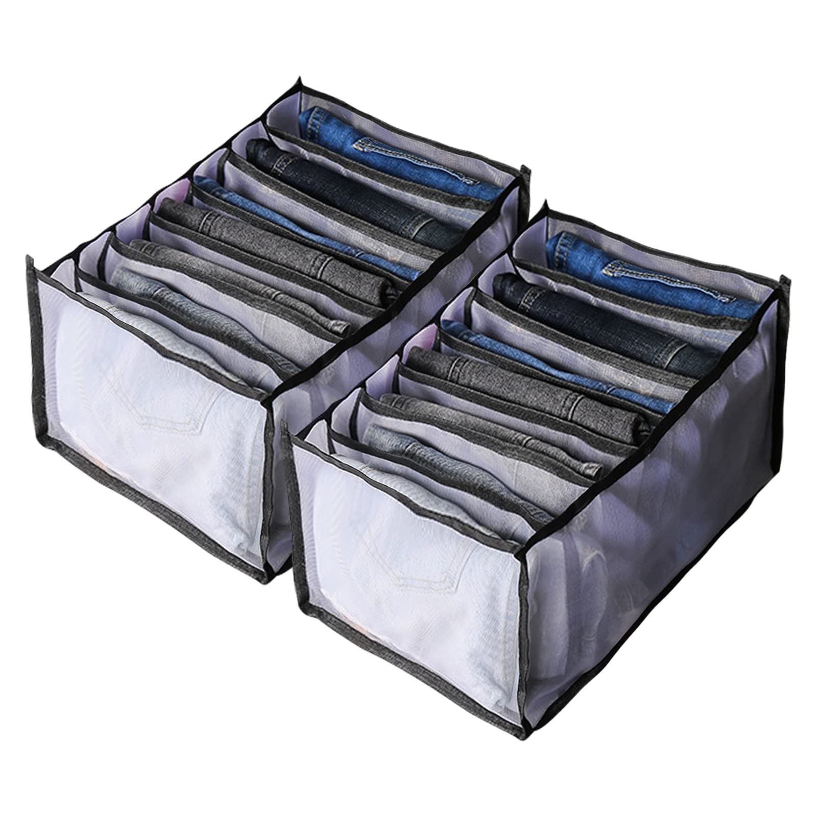 2 Pack 7 Grids Wardrobe Clothes Organizer Washable Foldable Visible Clothes Drawer Mesh Separation Organizer for Underwear, Jeans, Socks, T-shirts, Scarves, Leggings, Skirts