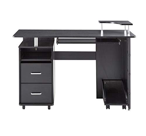 LXBB Home Office Computer Desk with Drawers and Pull-Out Keyboard Tray,Multi-Functions Desk with Pedestal,Study Writing Desk,Computer Workstation,Black