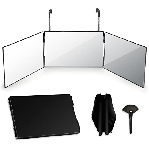 OMIRO Door Mount 3 Way Mirror for Hair Cutting, 360 Trifold Self Haircut Mirror with Adjustable Telescoping Hooks, Multi-Functional for Makeup and Travel