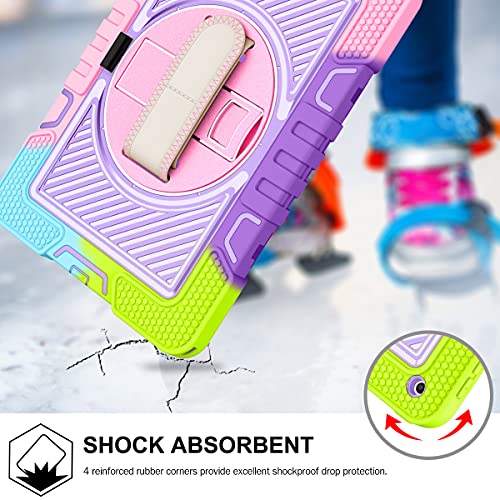 Hocase for iPad 9th/8th/7th Generation Case 10.2", with Pencil Holder/360 Rotation Stand/Hand Strap, Heavy Duty Shockproof Rugged Soft Silicone Hard Protective Case for Kids, Girls & Women - Rainbow