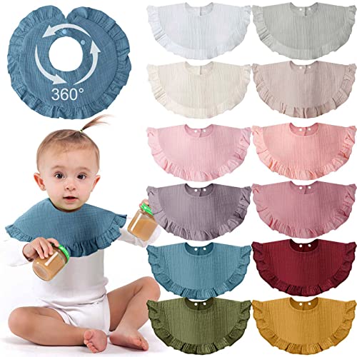 12 Pcs 360° Rotate Muslin Bibs Teething Absorbent Drool Bibs 4 Layers Adjustable Snap Cotton Newborn Bandana Bibs Suitable for over 6 Months