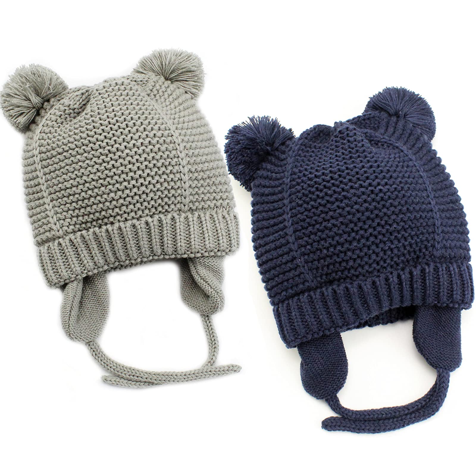 Baby Beanie Earflaps Hat - Infant Toddler Girls Boys Soft Warm Knit Hat Kids Winter Hat with Fleece Lining(Grey&Navy,S)
